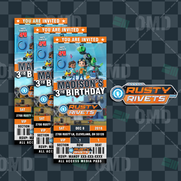 Rusty Rivets Ticket Style Birthday Cartoon Invites – Cartoon Invites